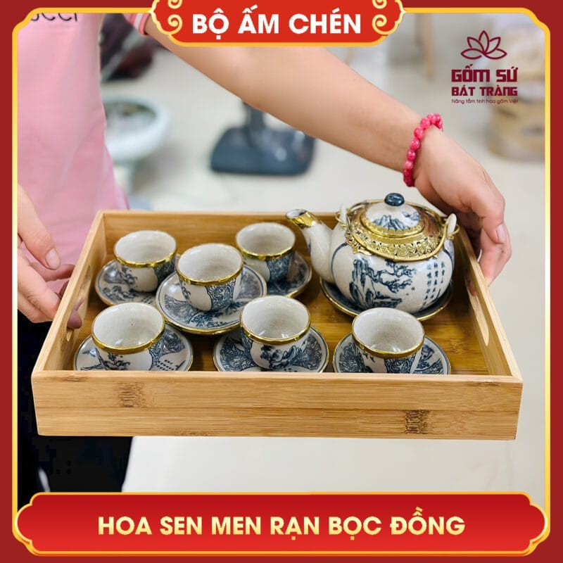Bộ ấm chén Hoa Sen men rạn bọc đồng